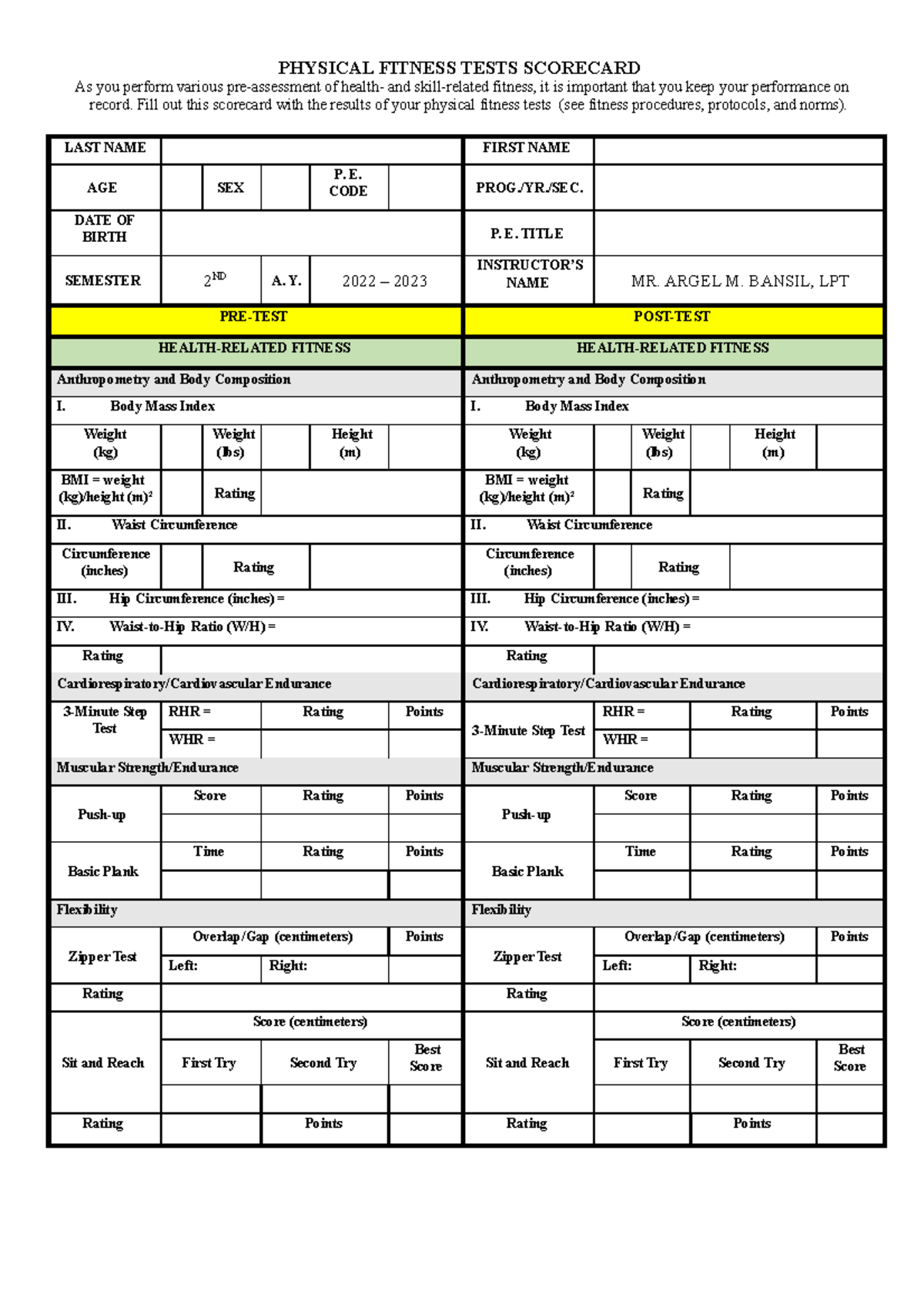 Physical Fitness Tests Scorecard - PHYSICAL FITNESS TESTS SCORECARD As ...