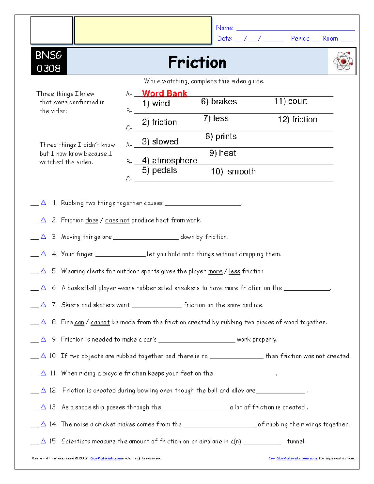Bill Nye Friction - . Name: _______________________________ Date ...