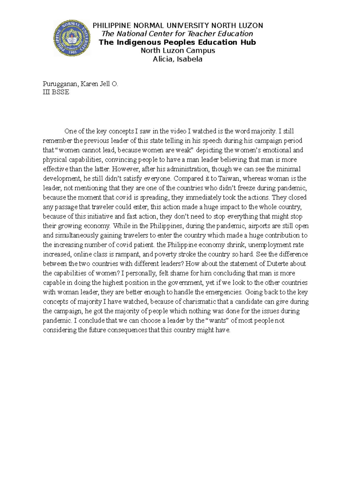 Essay Comgpol Purugganan III-BSSE - PHILIPPINE NORMAL UNIVERSITY NORTH ...