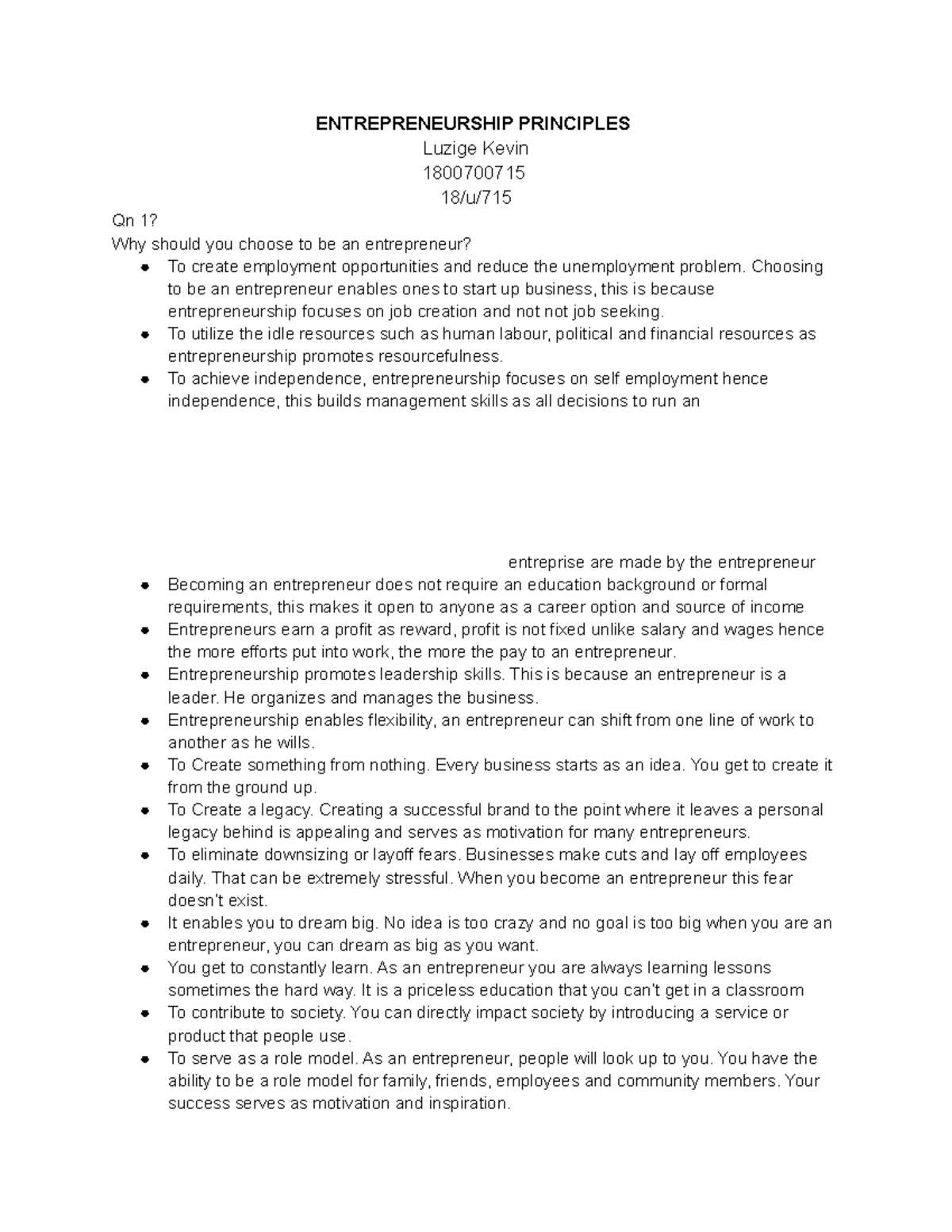 Course work 1 Entreprenuership Principles - ENTREPRENEURSHIP PRINCIPLES ...