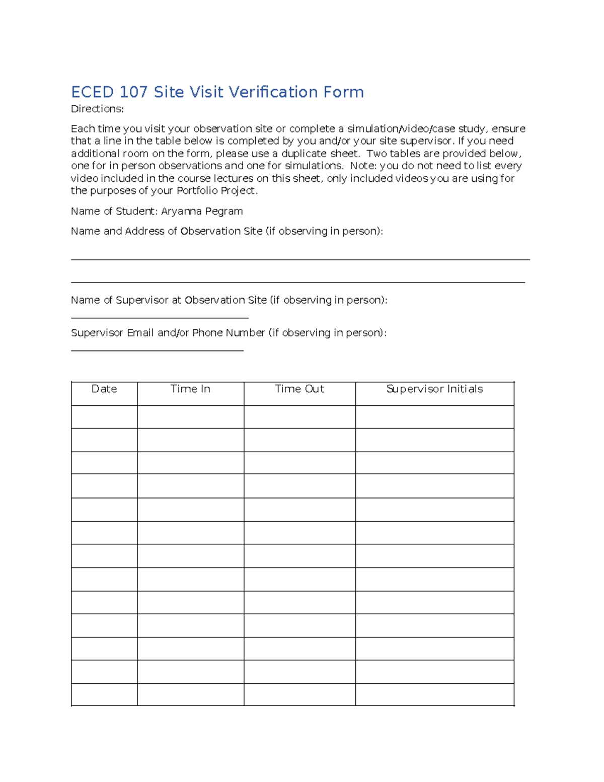 ECED 107 Site Visit Verification Form - If you need additional room on ...