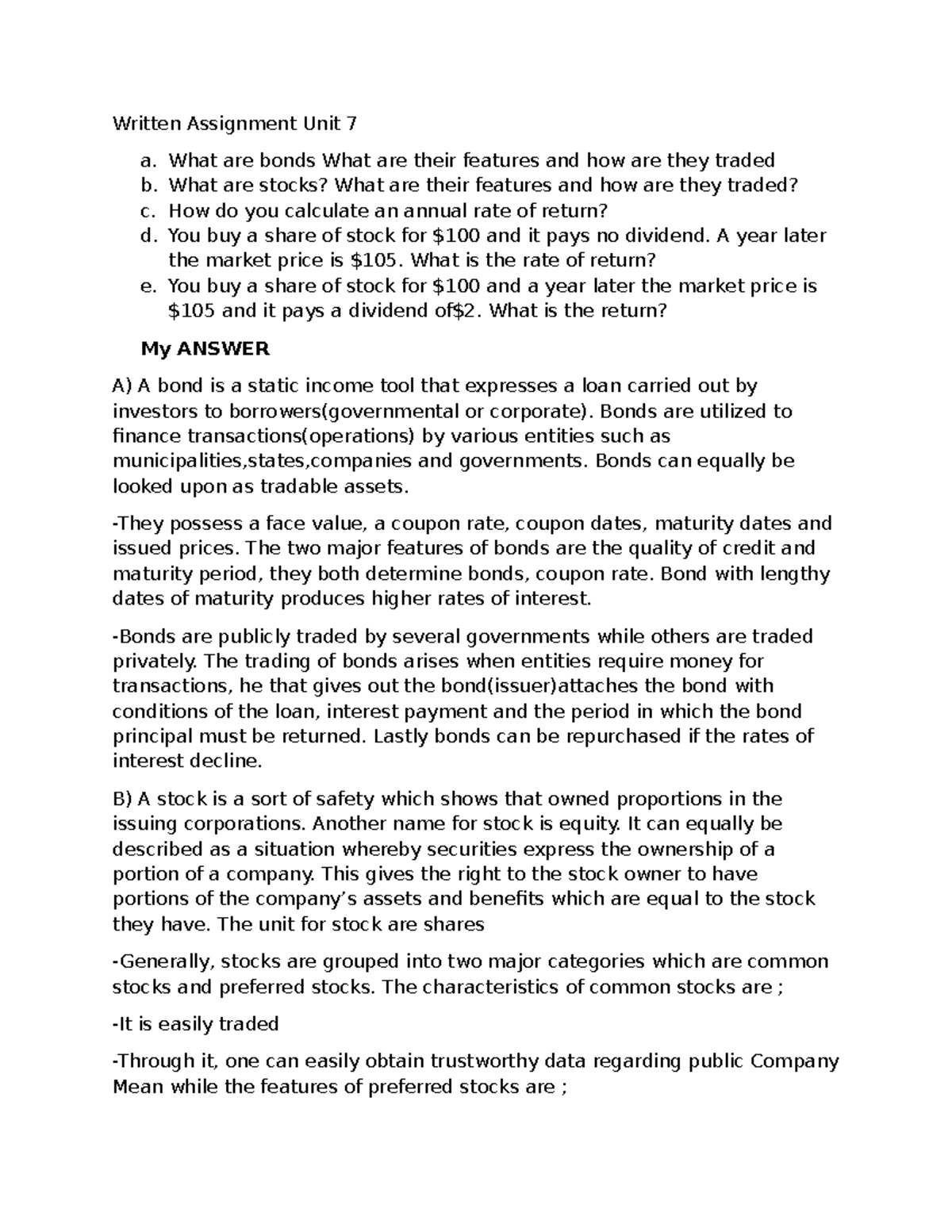 Personal Finance Written Assignment 7 - Written Assignment Unit 7 a ...