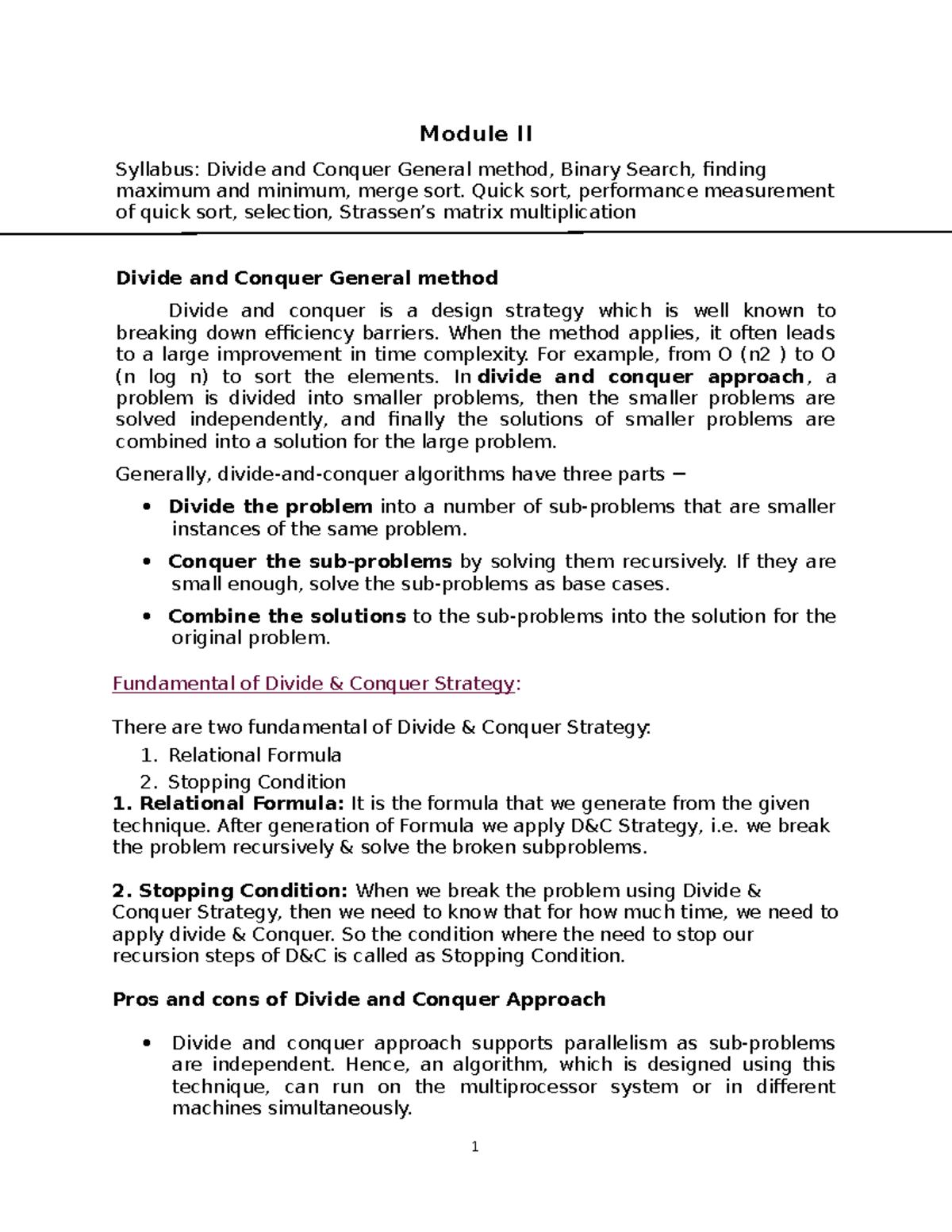 Module 2 daa - Module II Syllabus: Divide and Conquer General method, Binary Search, finding ...