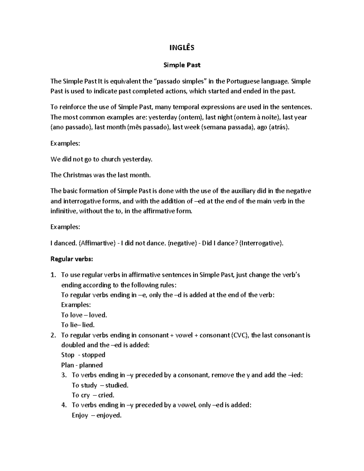 Inglês-Simple Past - Resumo Simple Past - INGLÊS Simple Past The Simple ...