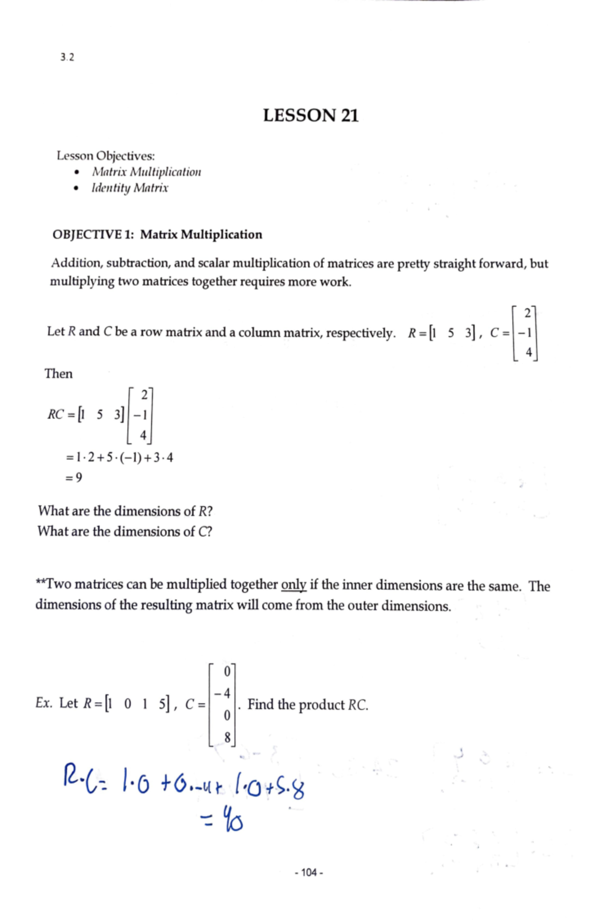 Lesson 21 math 139 - LESSON 21 Lesson Objectives: - Matrix ...