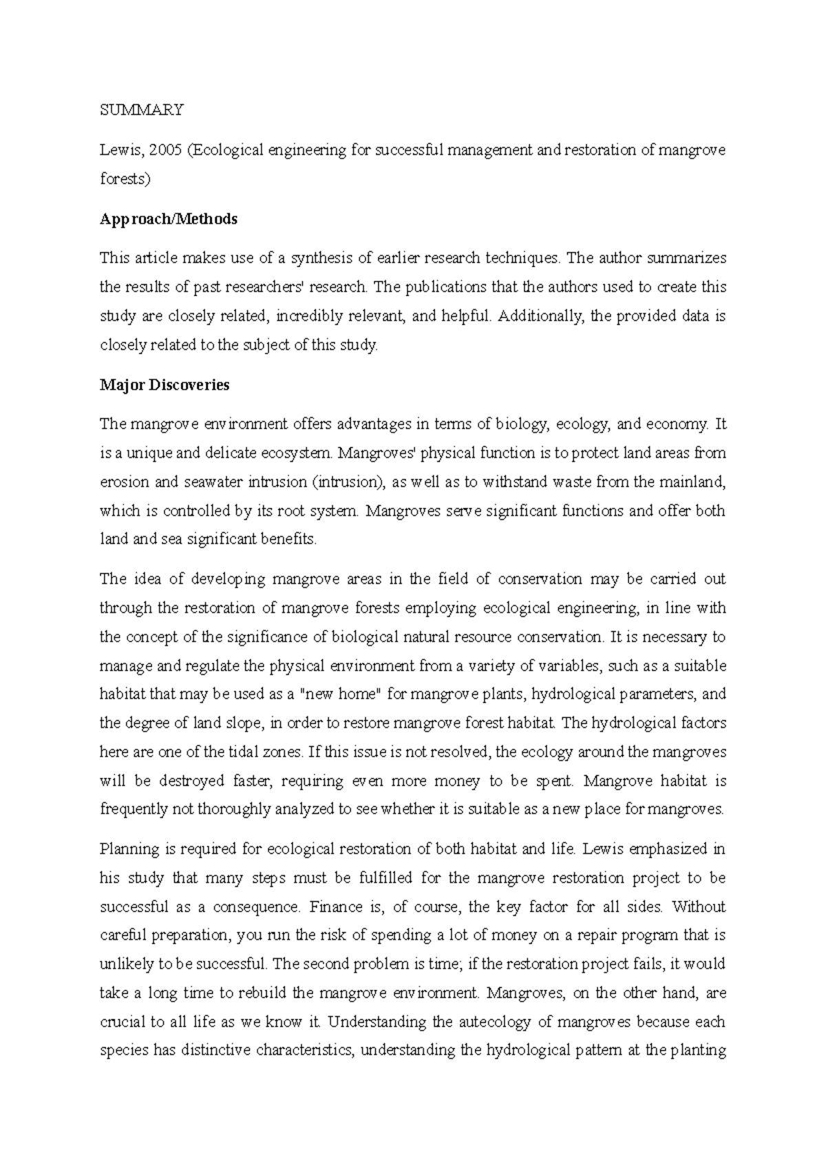 Summary 2 - example of paper. - SUMMARY Lewis, 2005 (Ecological ...