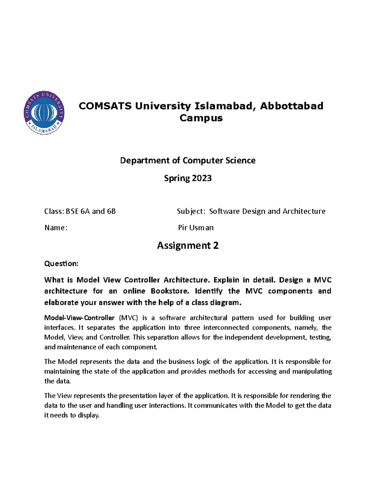 Sda Assignment#1 - COMSATS University Islamabad, Abbottabad Campus Department of Computer ...