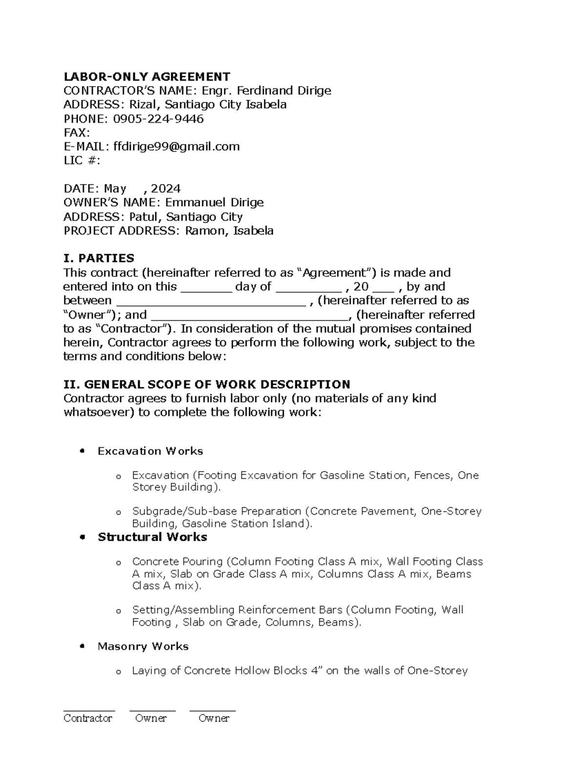 Agreement - LABOR-ONLY AGREEMENT CONTRACTOR’S NAME: Engr. Ferdinand ...