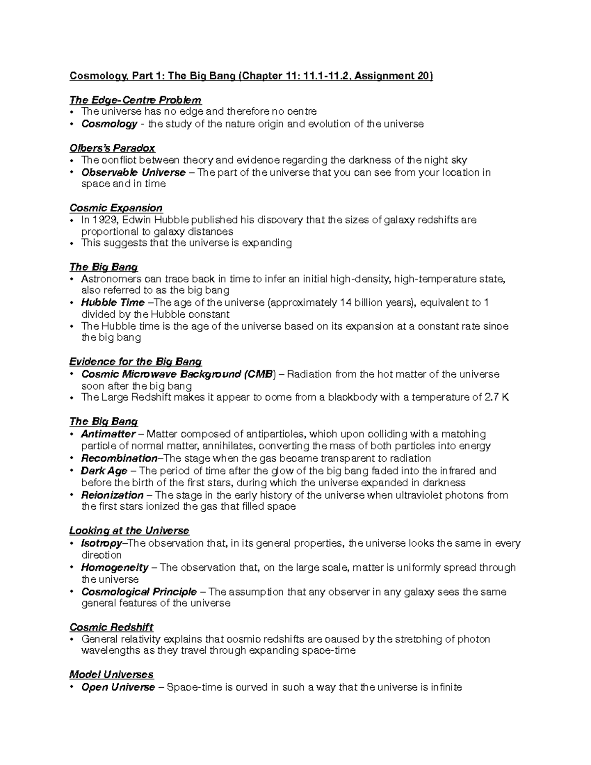Astronomy Exam Review Cosmology Part 1 - Cosmology, Part 1: The Big ...