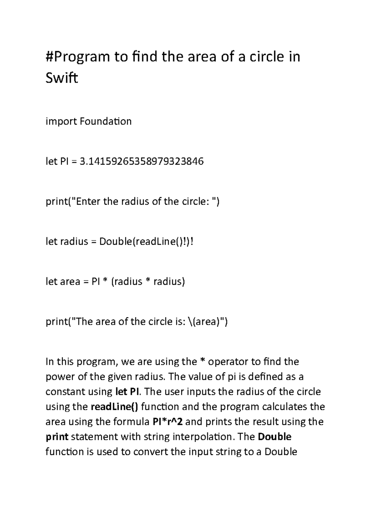 Circle Area- Swift - #Program to find the area of a circle in Swif ...