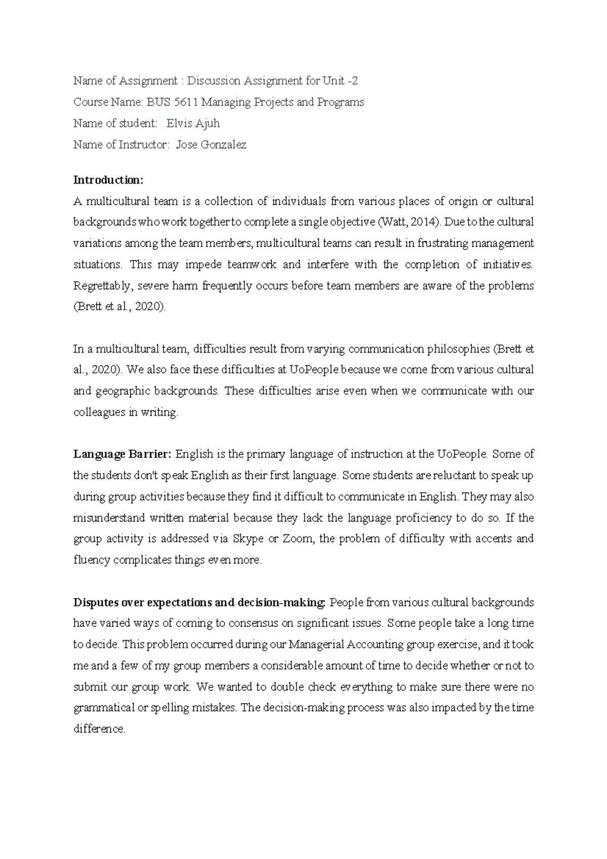 Unit 2 discussion assignment - Name of Assignment : Discussion ...