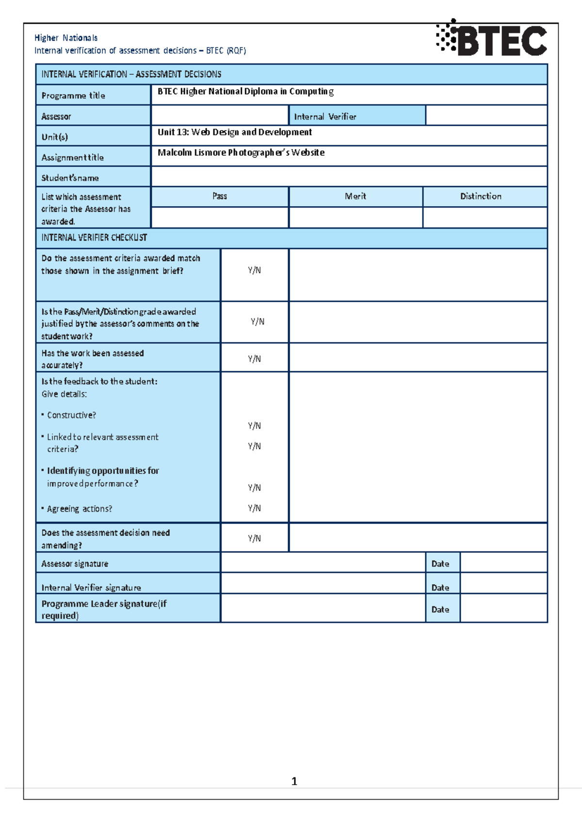 UNIT 13 WDD Assignment - Higher Nationals Internal verification of ...