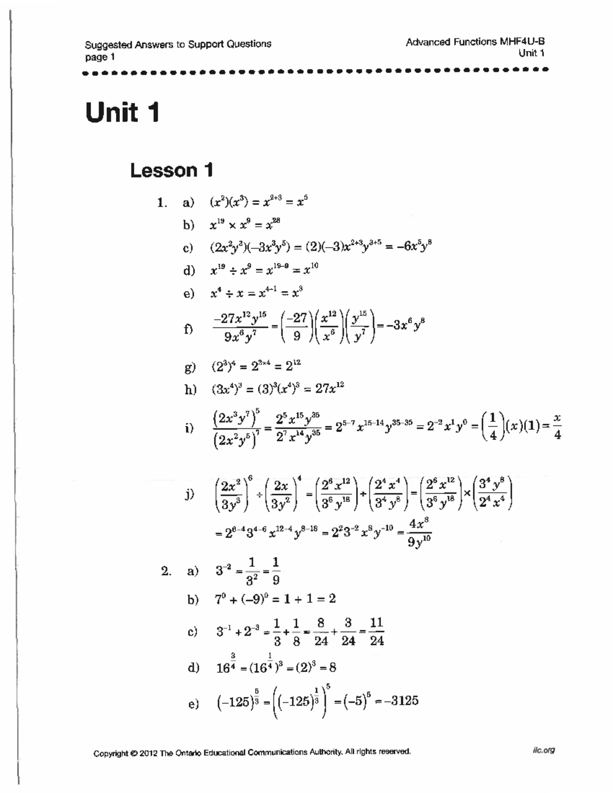 MHF4U-B U1 Answer KEY - Practice sheet - Studocu