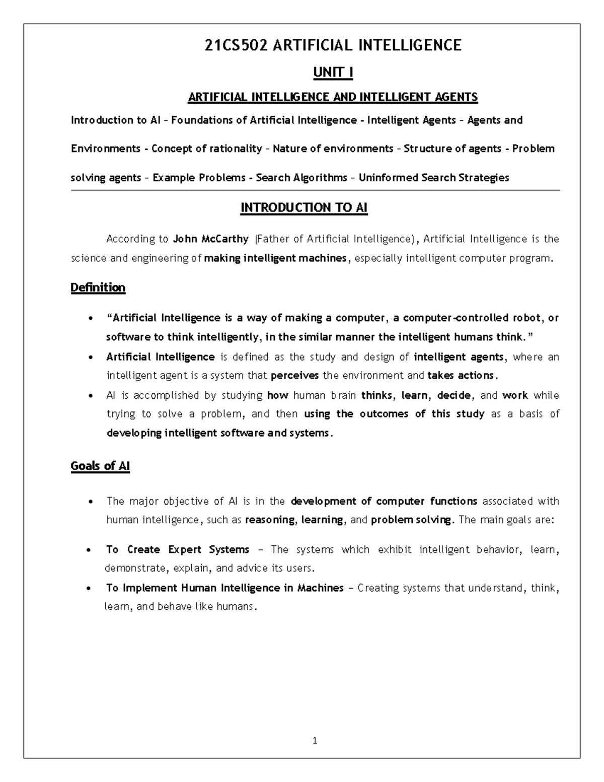 21CS502 AI UNIT-I Notes - 21CS502 ARTIFICIAL INTELLIGENCE UNIT I ...