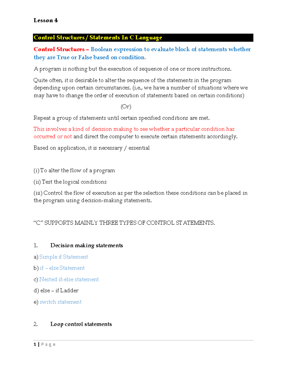 Lesson 4 Control Flow Read Control Structures Statements In C