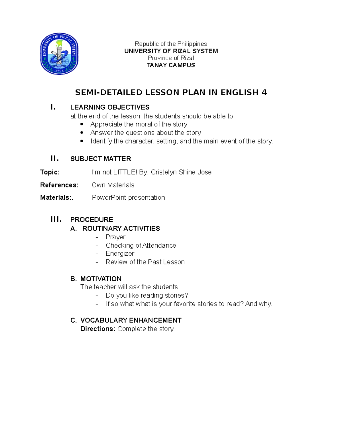 Lesson Plan in English - Republic of the Philippines UNIVERSITY OF ...