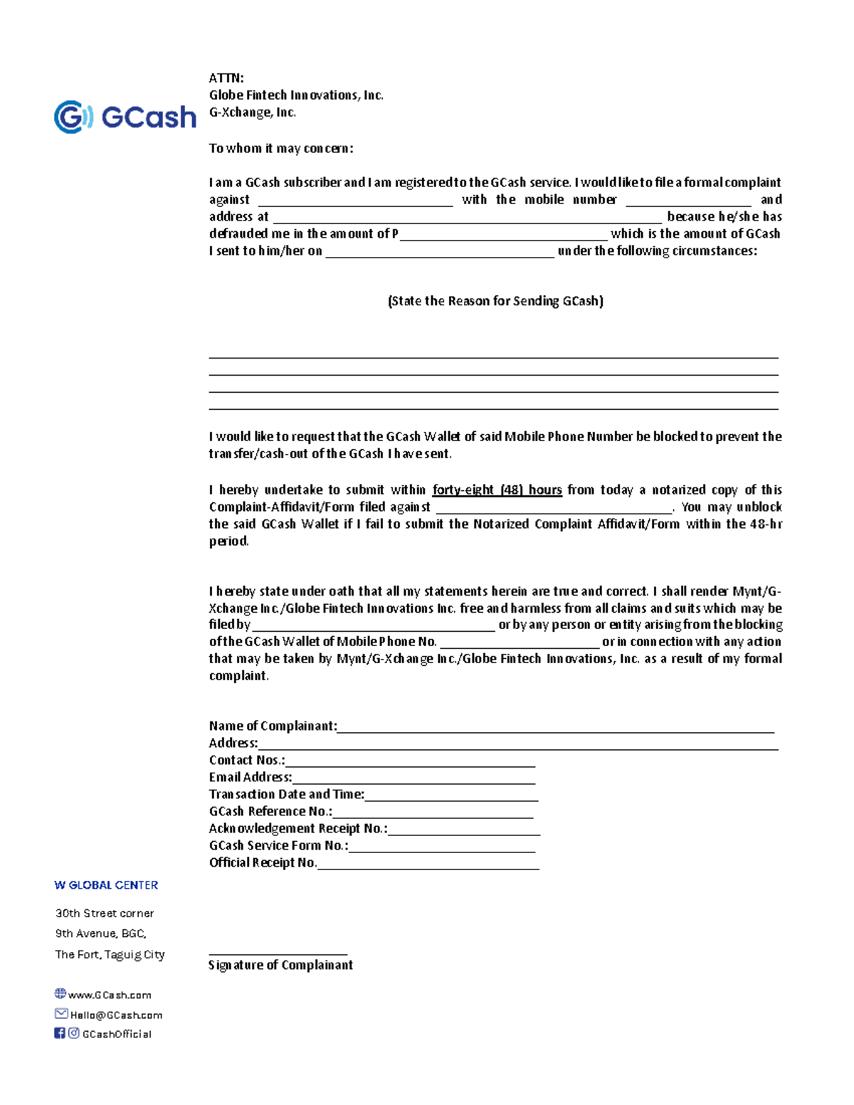 Complaint Form - None - 30th Street corner 9th Avenue, BGC, The Fort ...
