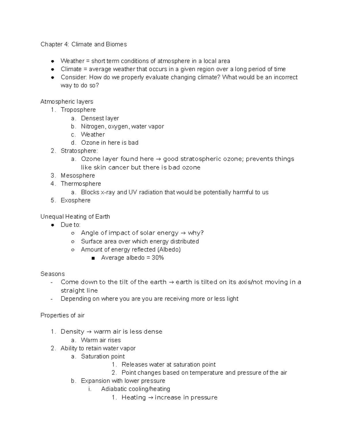 Studoc envr ch 4 - Chapter 4: Climate and Biomes Weather = short term ...