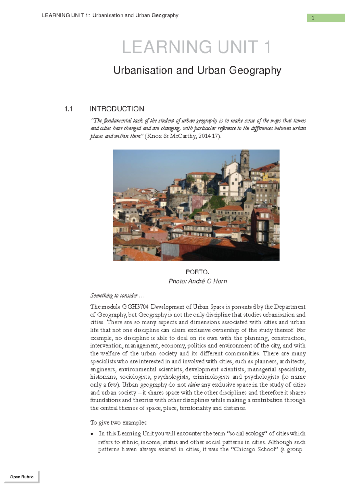 Learning UNIT 1 - Summary - 1 LEARNING UNIT 1 Urbanisation and Urban Geography 1. 1 INTRODUCTION ...