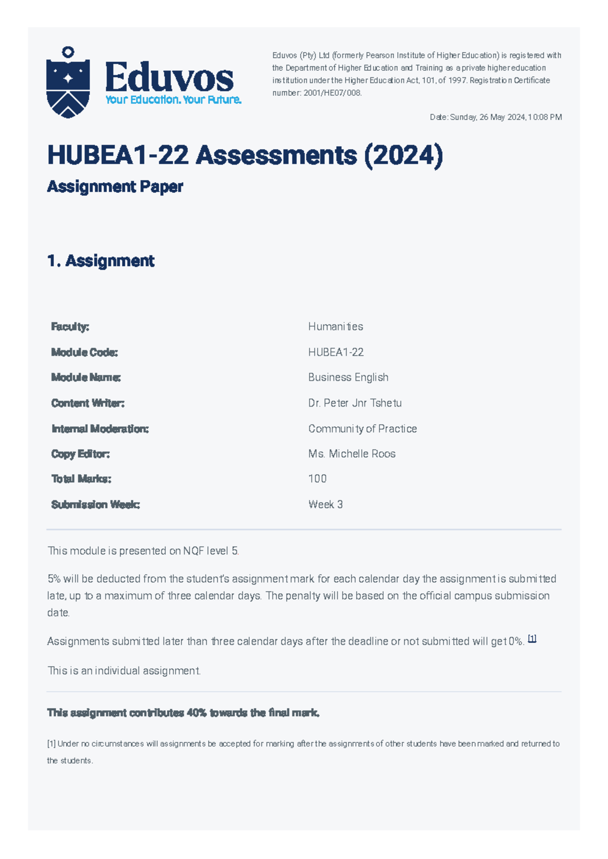 Assignment Paper Eduvos - Eduvos (Pty) Ltd (formerly Pearson Institute ...