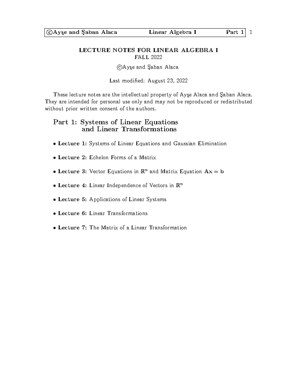 Linear Algebra 1 Lecture Notes Part1 Ver1 F2022 Lecture Notes For 8256