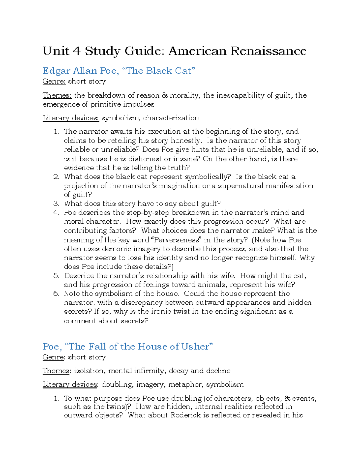 Unit 4 Study Guide - Unit 4 Study Guide: American Renaissance Edgar ...