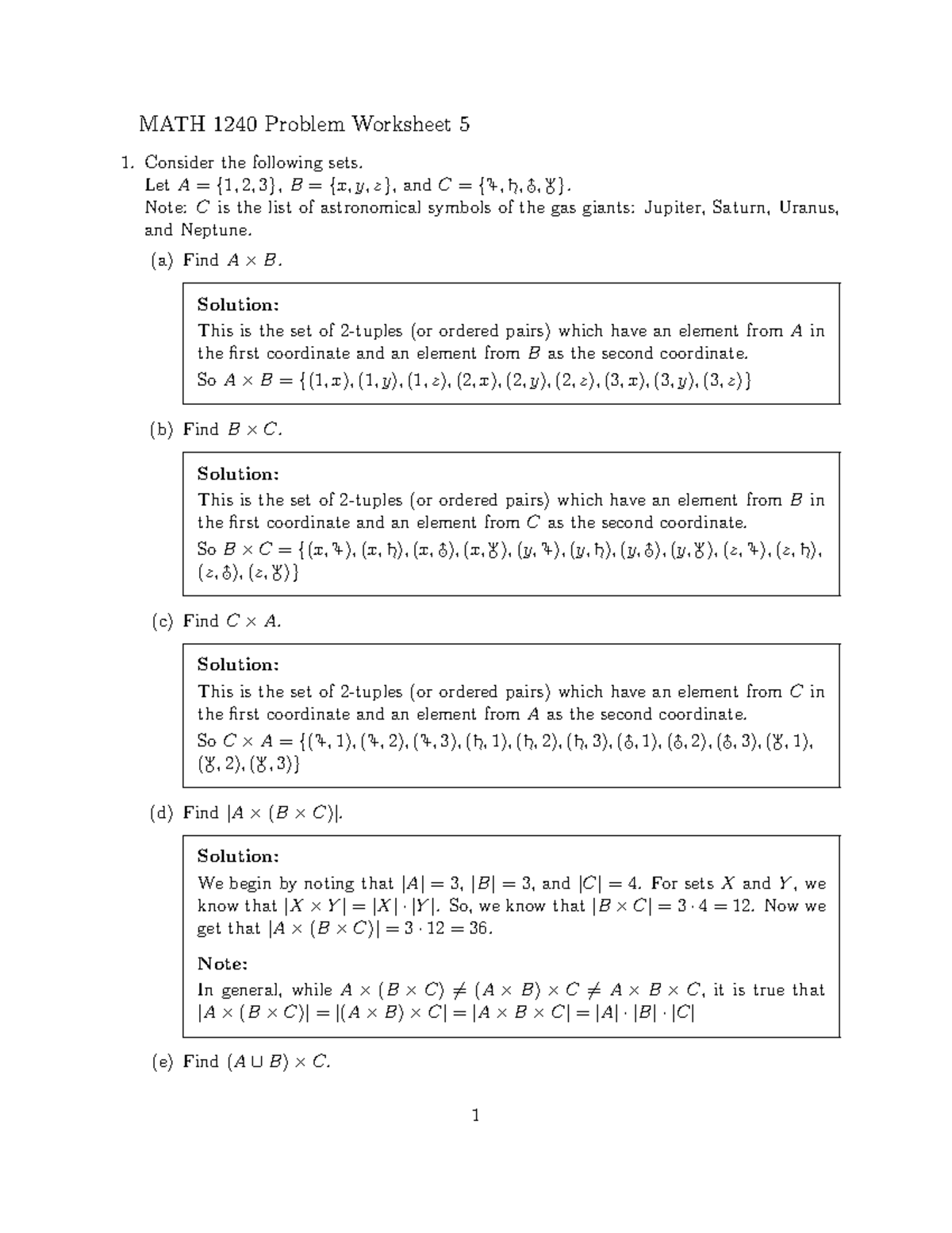 Worksheet 5 - MATH 1240 Problem Worksheet 5 Consider the following sets ...