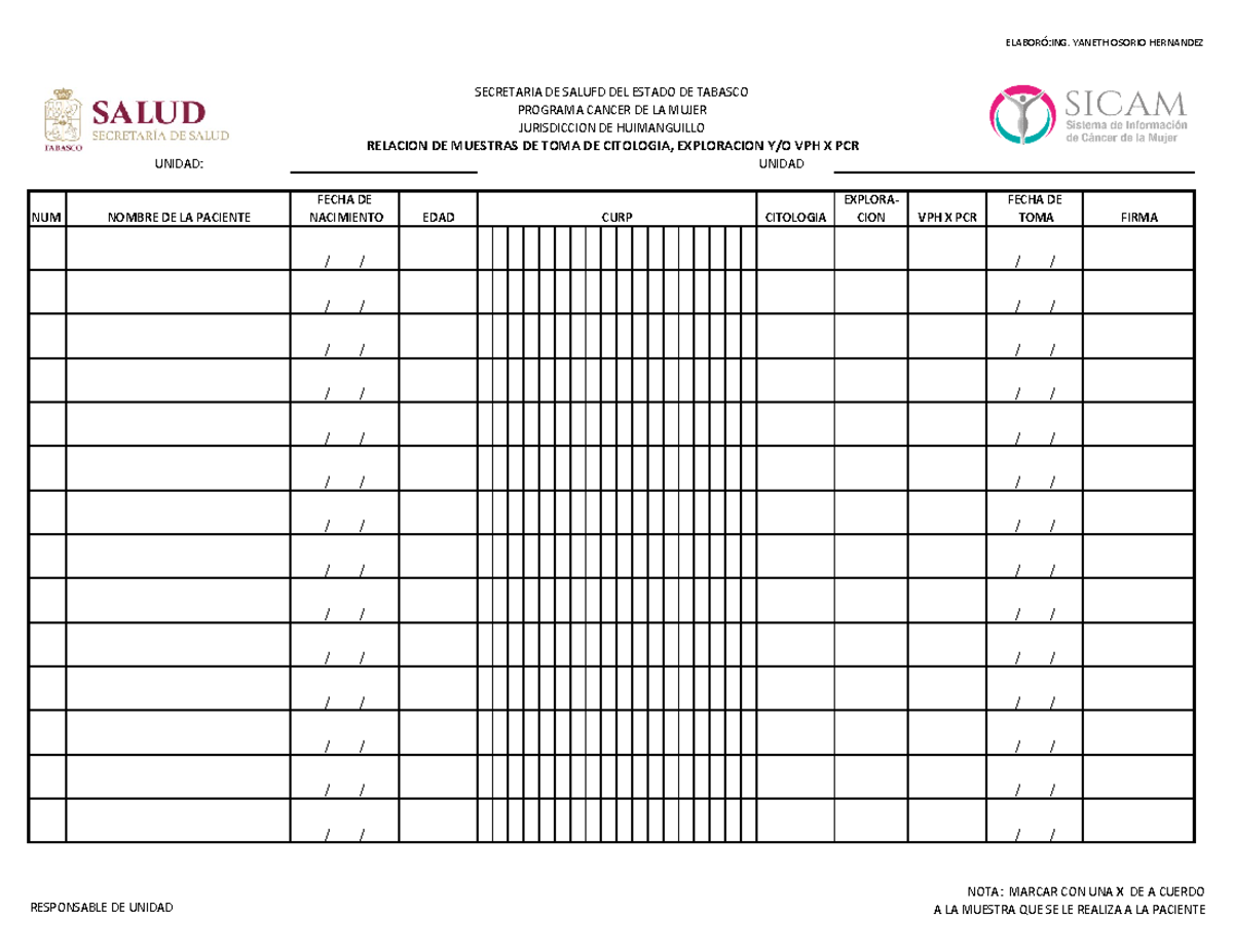 Formato PARA Muestras Realizadas Enfermeras - ELABORÓ:ING. YANETH ...