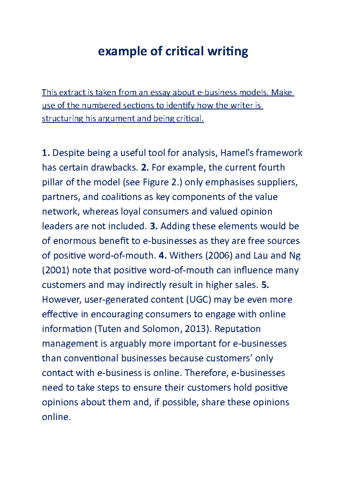 Example of critical writing (answers removed) - exercise - example of ...