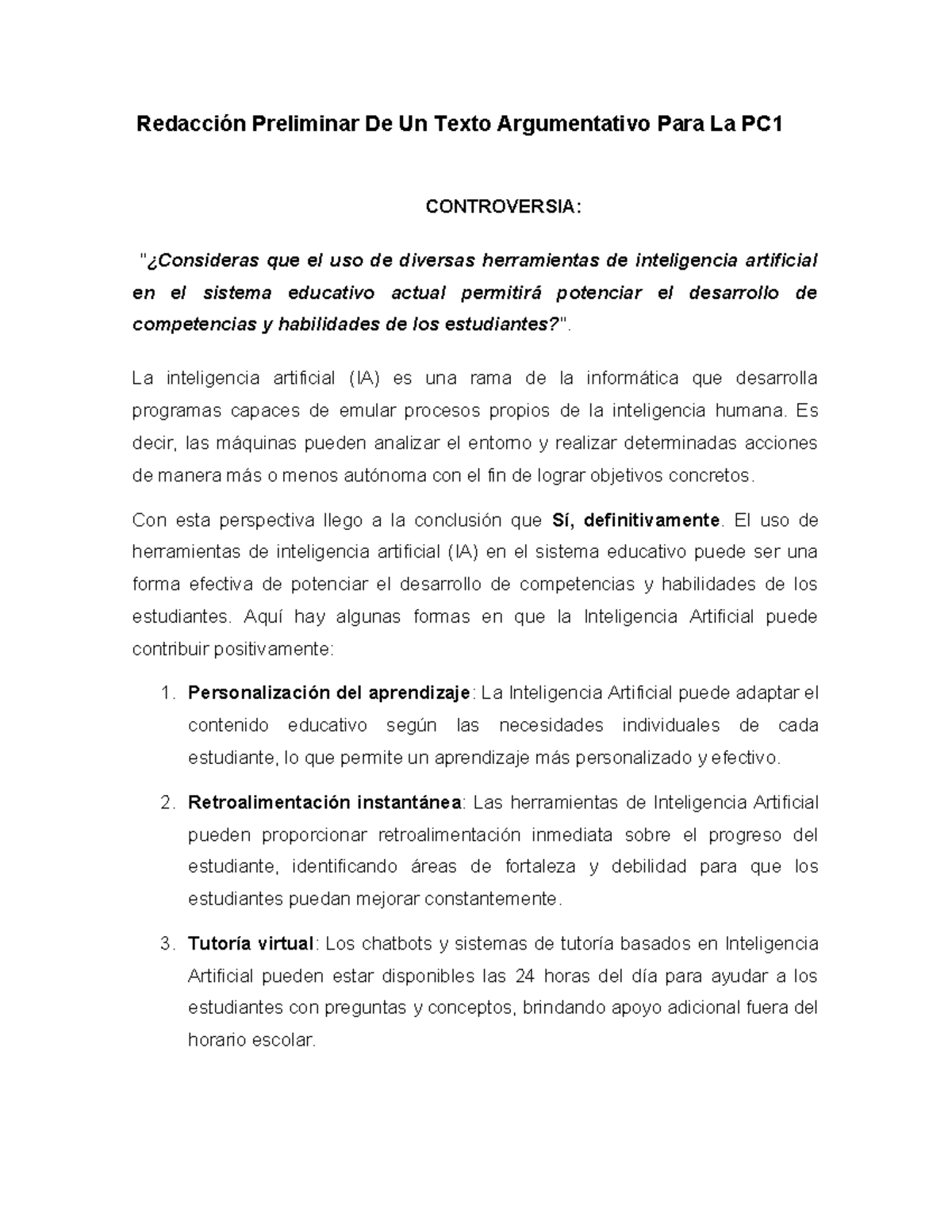 Redaccion 3 - Redacción Preliminar De Un Texto Argumentativo Para La PC CONTROVERSIA: - Studocu