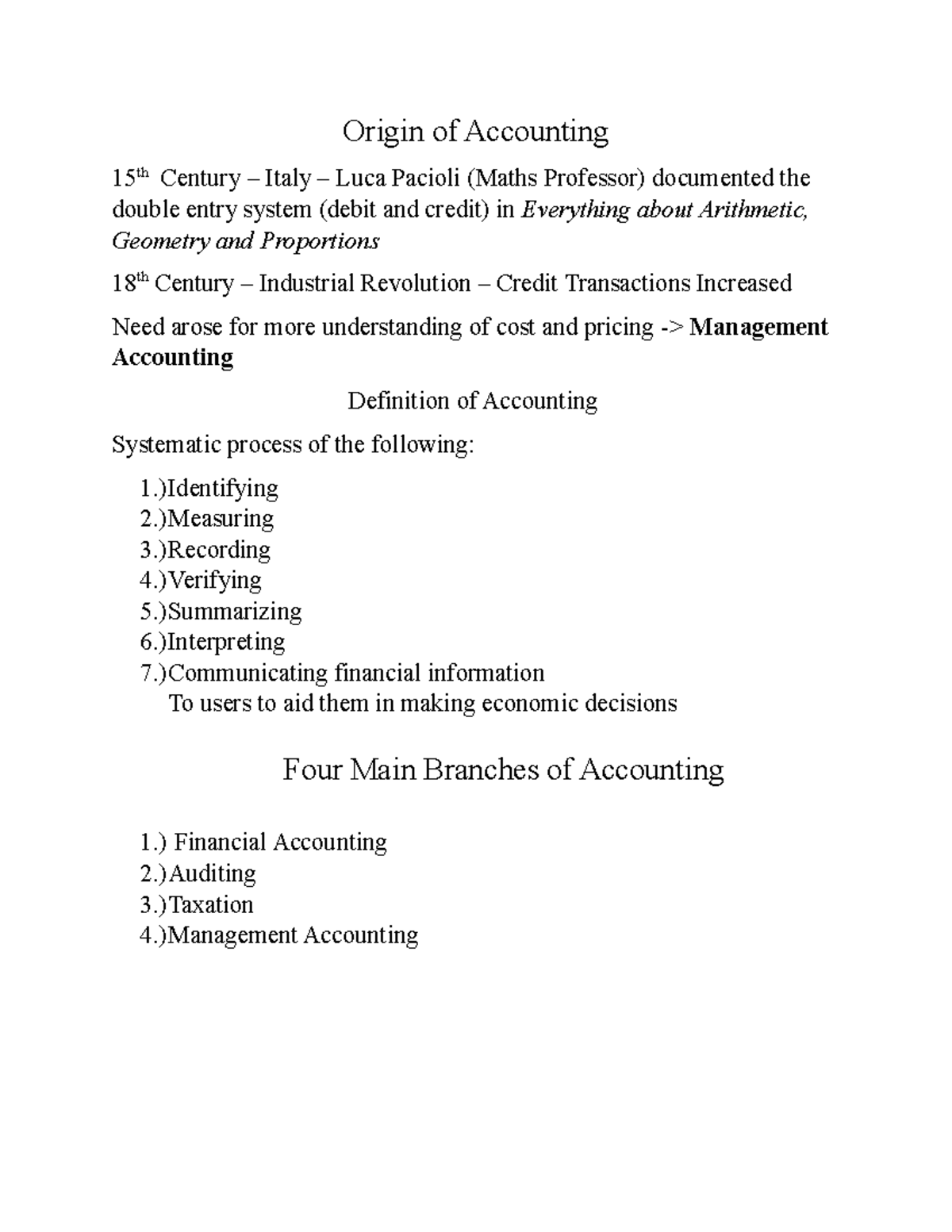 Week 1 Introduction - Origin of Accounting 15 th Century – Italy – Luca ...