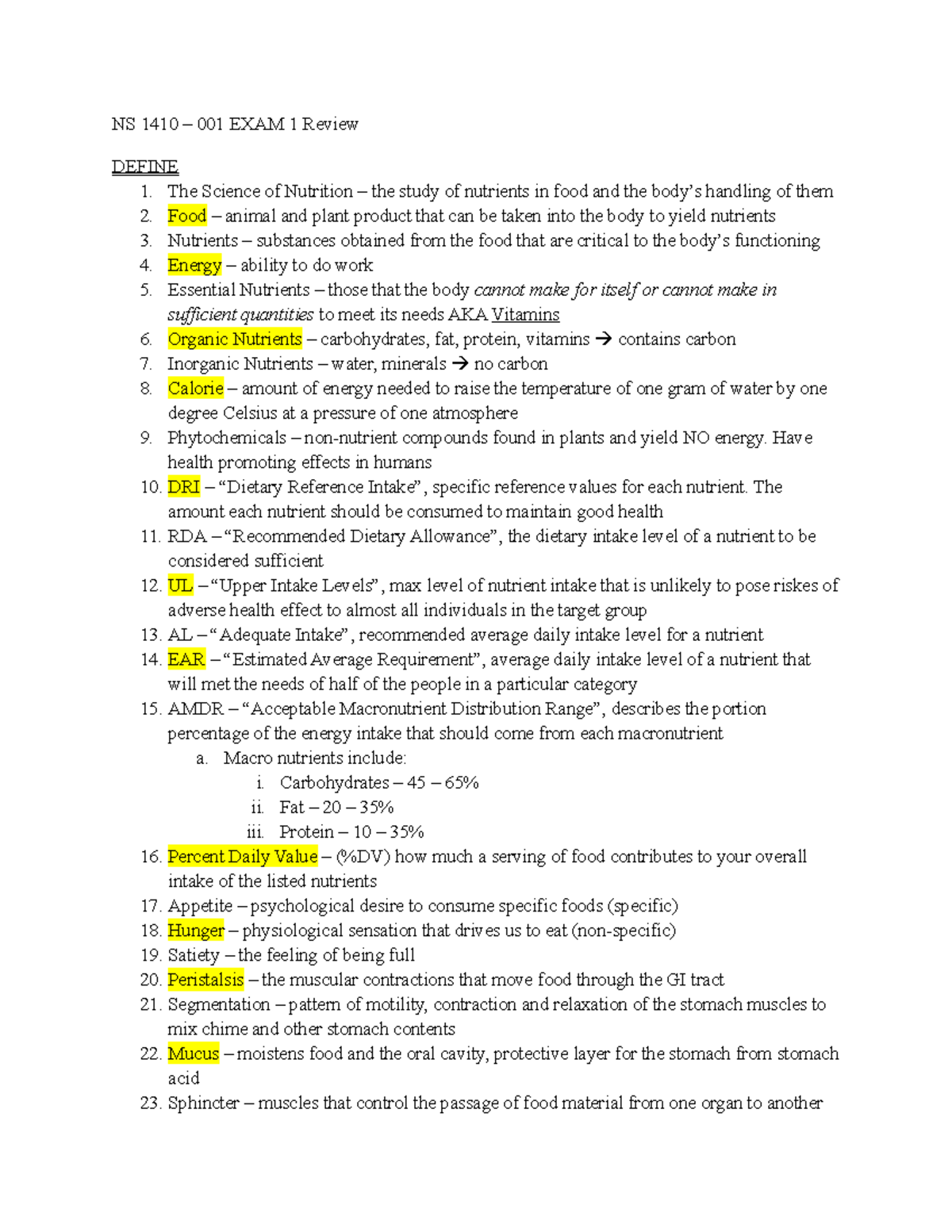 Ns 1410 001 Exam 1 Review Ns 1410 001 Exam 1 Review Define 1 The