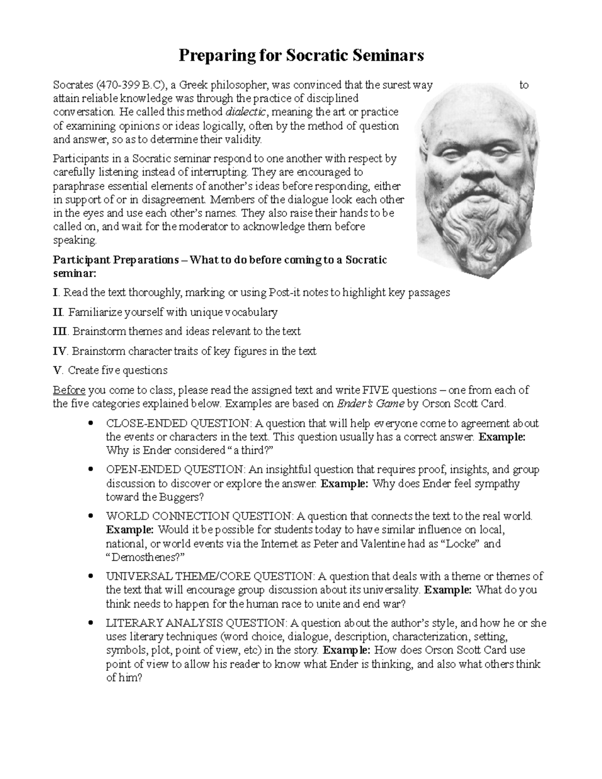 Socratic Seminarquestions - Preparing for Socratic Seminars Socrates ...
