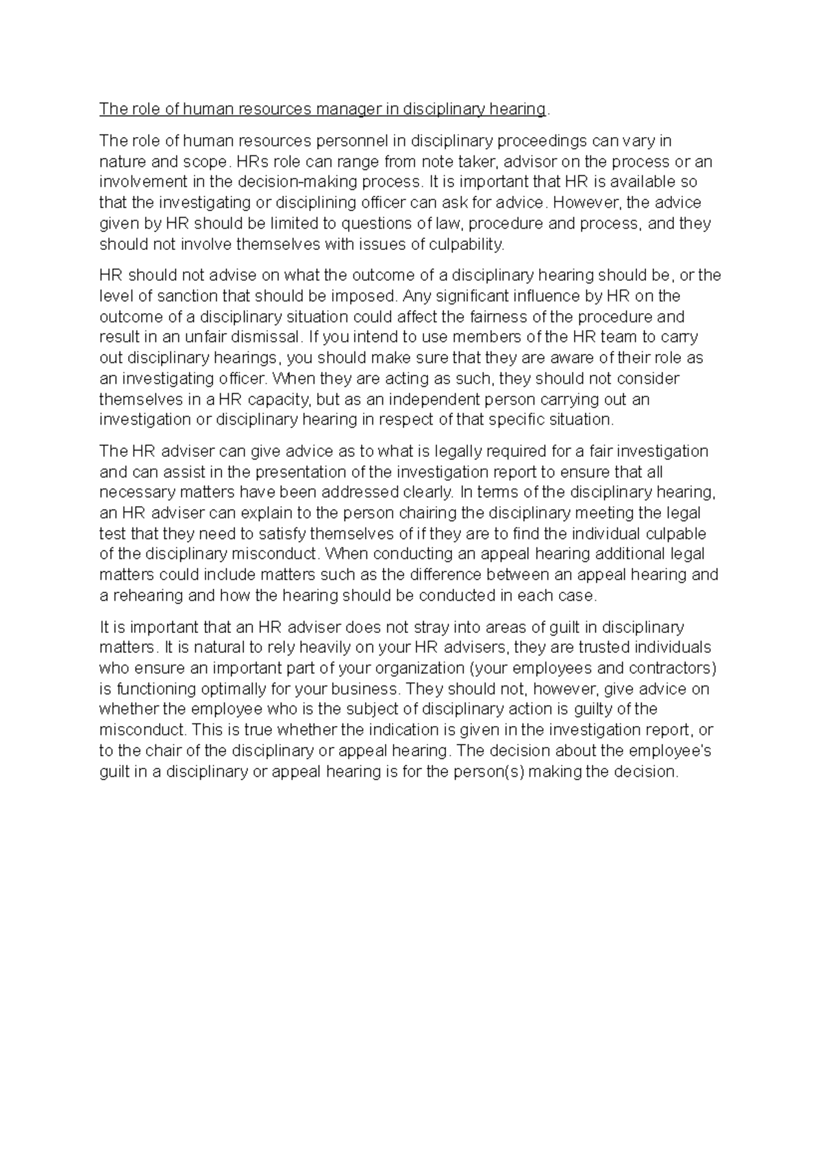 Role play - disciplinary enquiries - The role of human resources ...