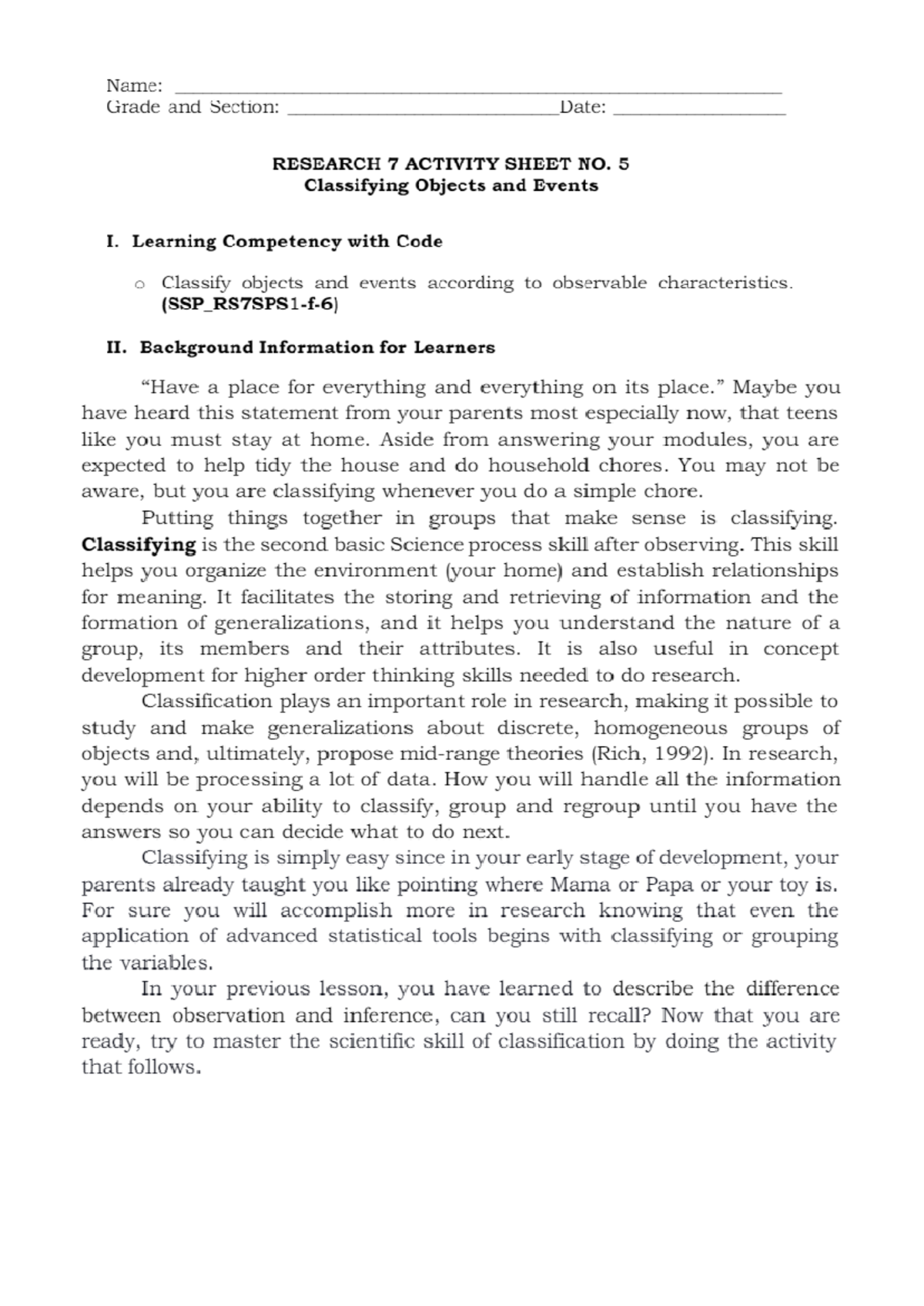 R7 Classifying - rESEARCH 7 Classification - Name: Grade and Section ...