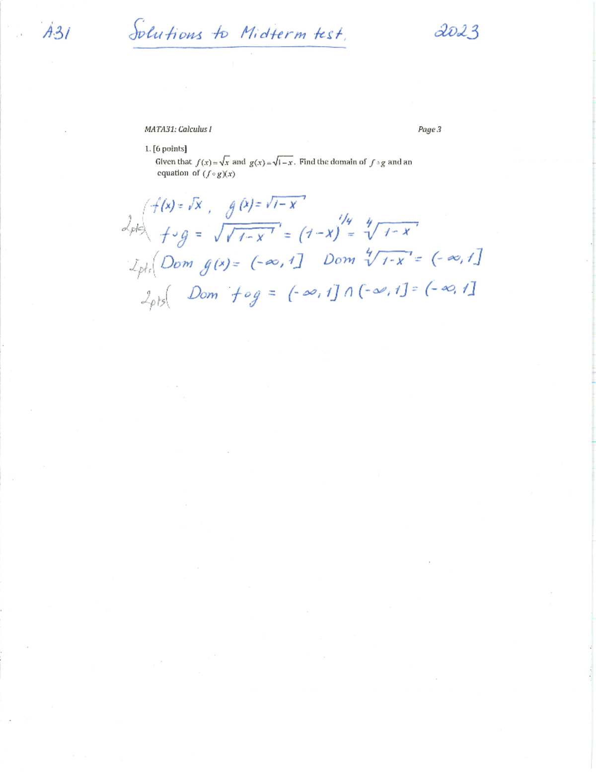 A31 Midterm Sol (F23) - MATA31 - Studocu