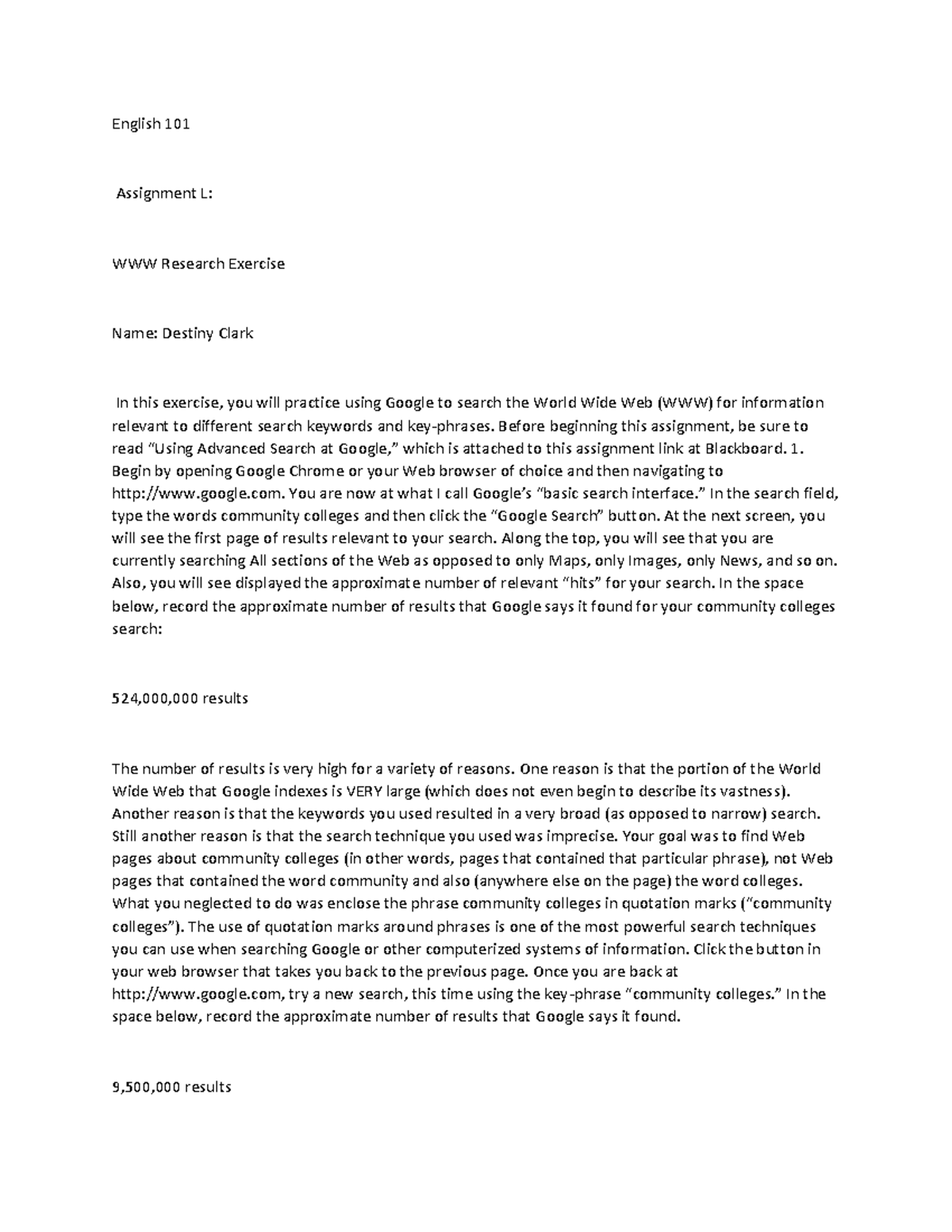 Assignment L ENG 101 - English 101 Assignment L: WWW Research Exercise ...