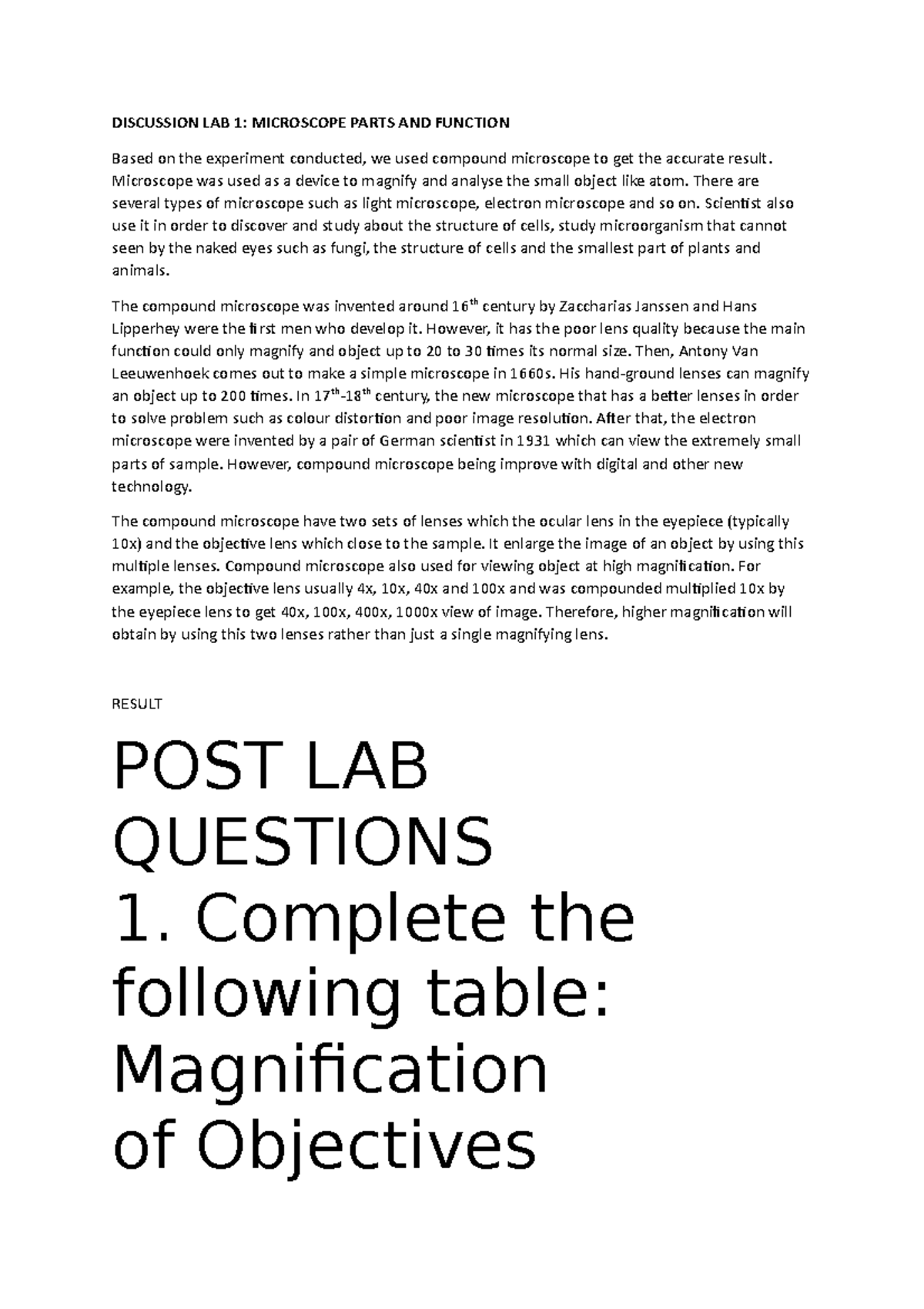 LAB BIO400 - DISCUSSION LAB 1: MICROSCOPE PARTS AND FUNCTION Based on ...