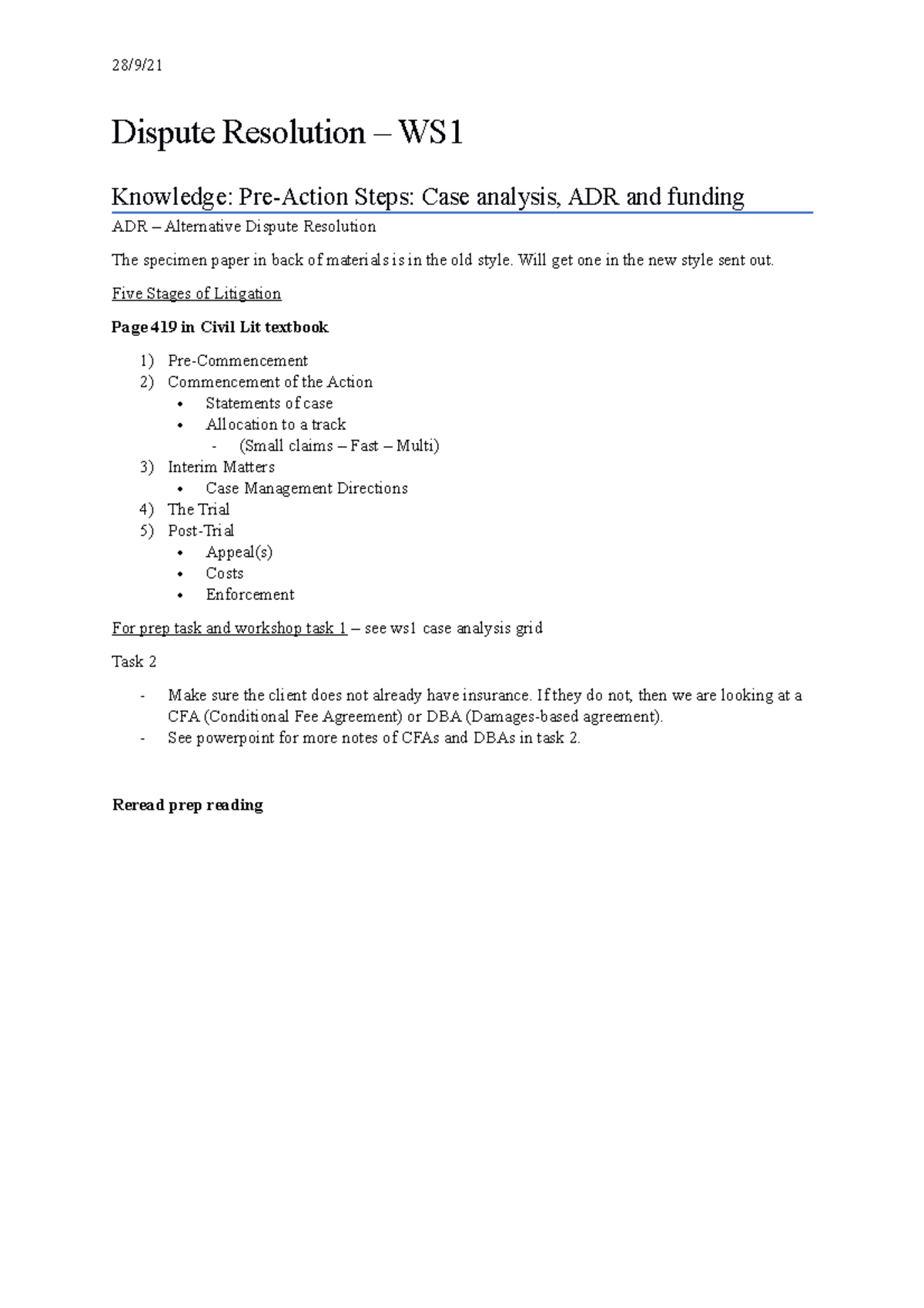 WS1 - Knowledge: Pre-Action Steps: Case analysis, ADR and funding - 28/9/ Dispute Resolution ...