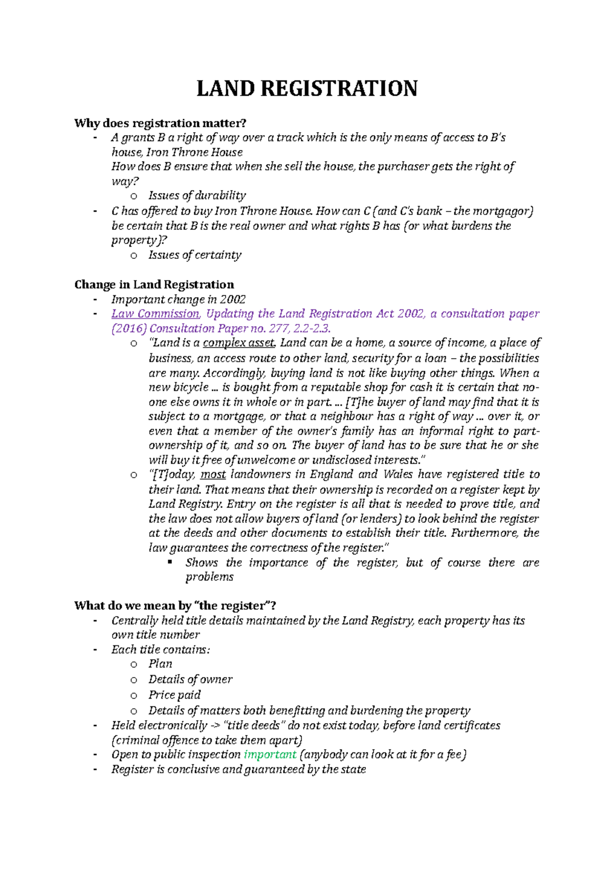 Land Registration - Revision Notes - LAND REGISTRATION Why does ...