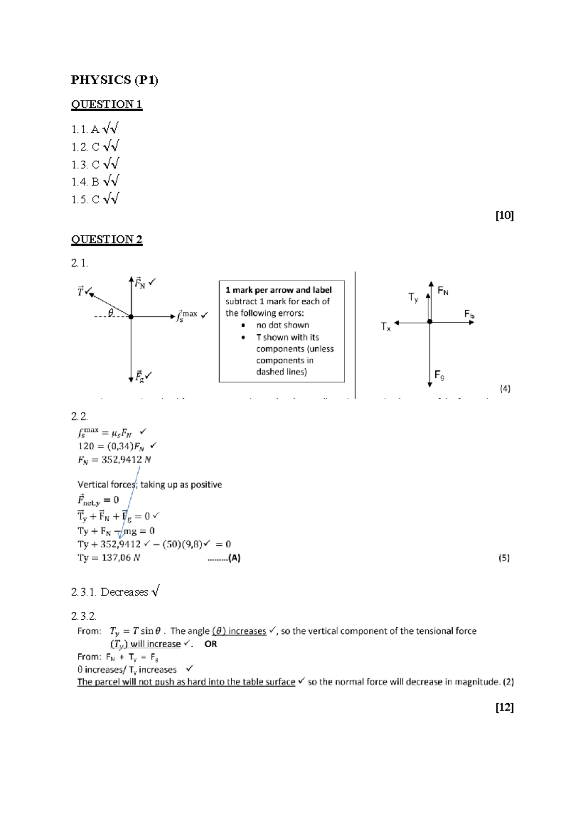 Physics - Physical science notes - PHYSICS (P1) QUESTION 1 1. A √√ 1. C ...
