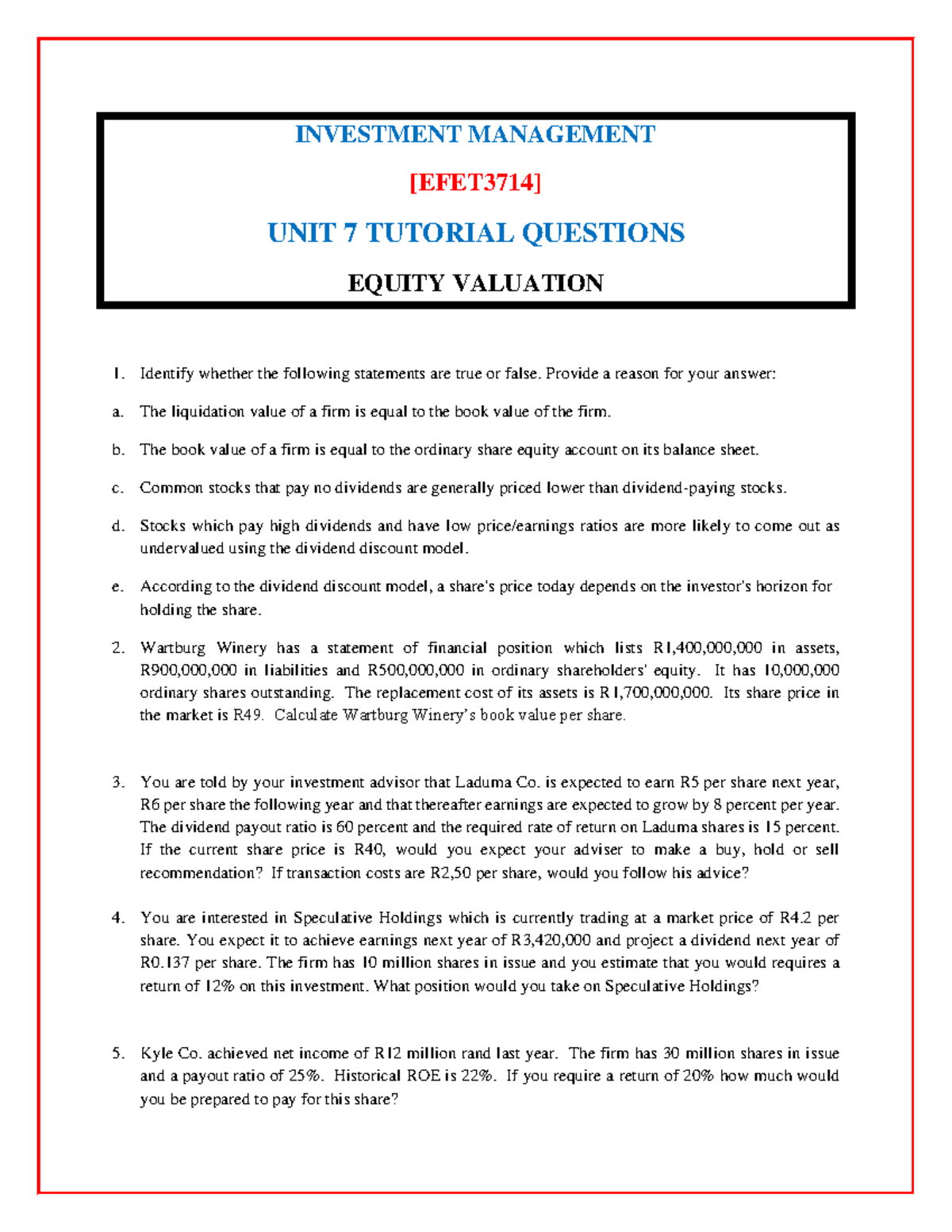 Tutorial 7 Equity Valuation Qns - INVESTMENT MANAGEMENT [EFET3714] UNIT ...