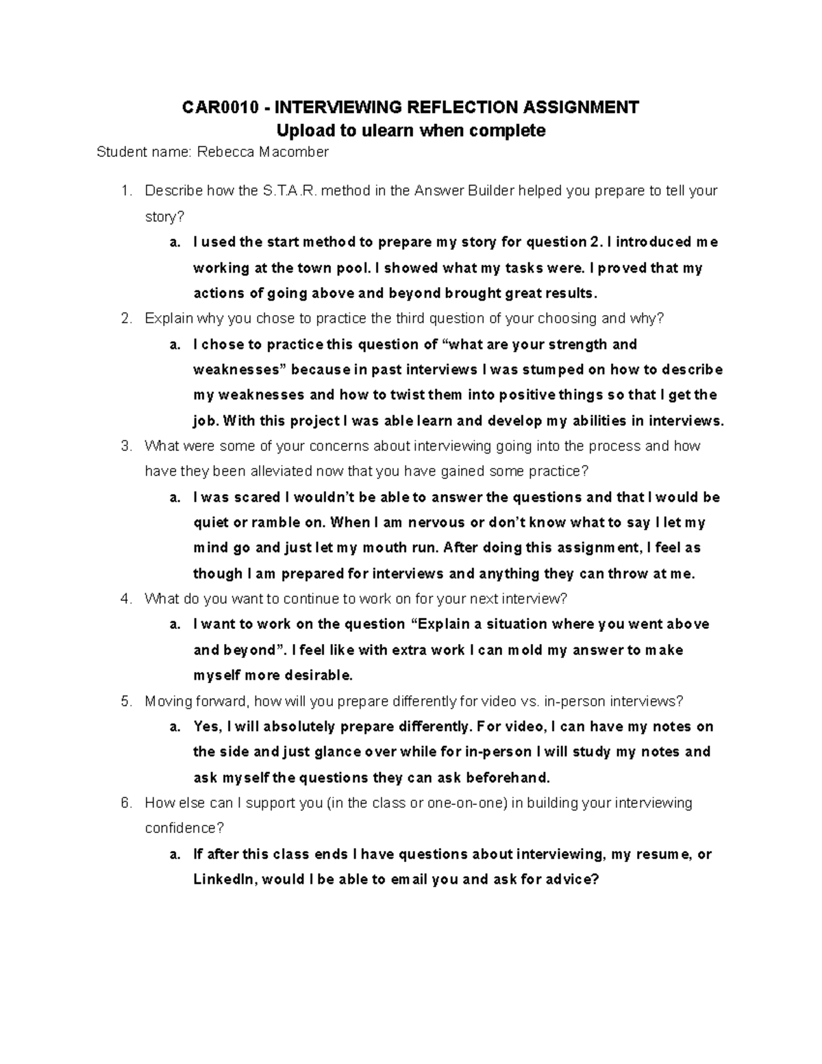 Interviewing Reflection Assignment - CAR0010 - INTERVIEWING REFLECTION ...