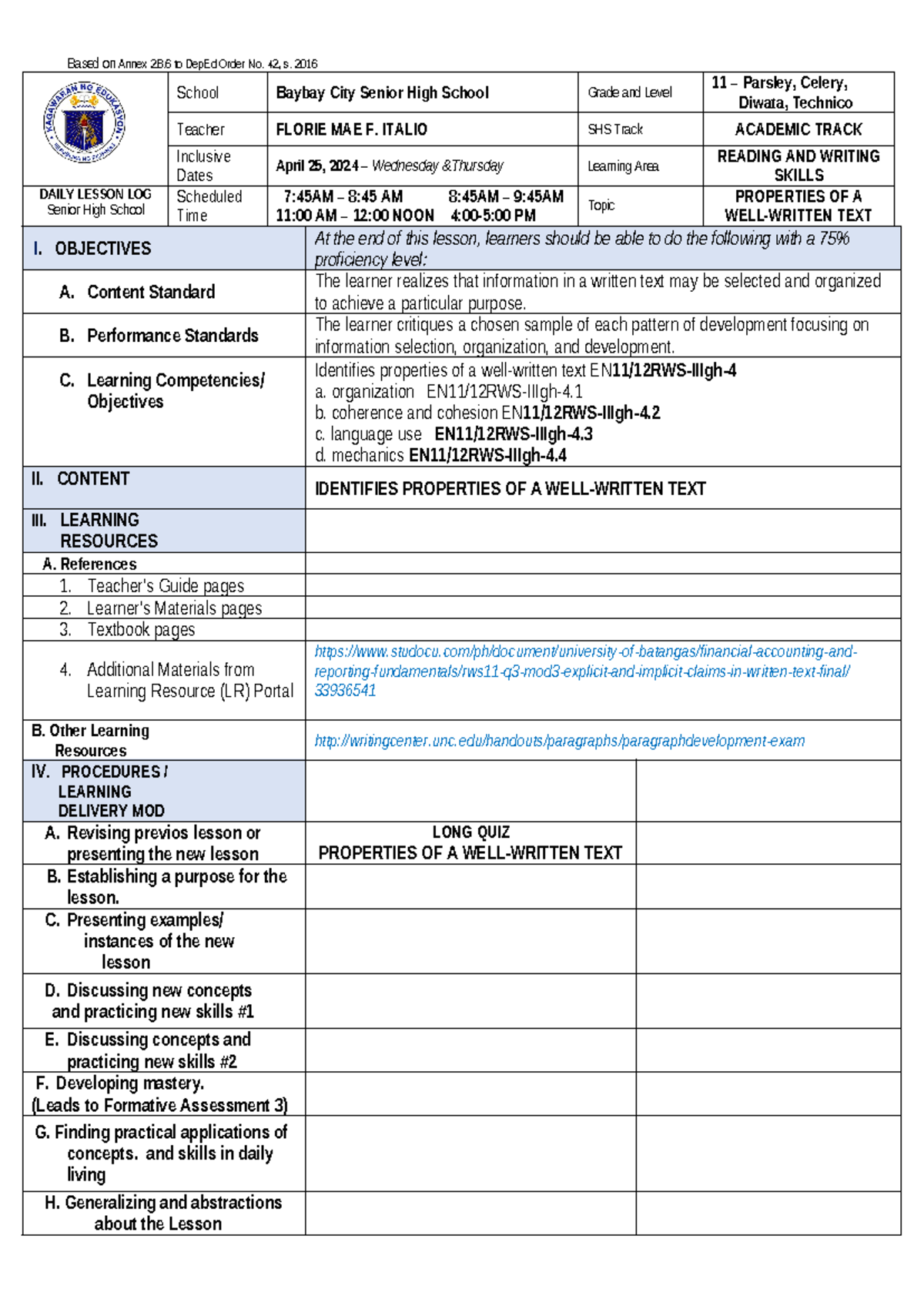 Detailed Lesson PLAN Lesson 3 Types OF Claims ( - Based on Annex 2B to ...