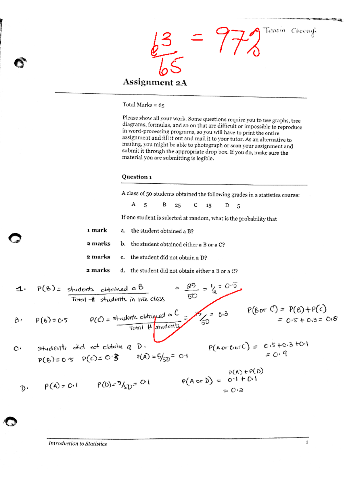 Tenzin C assign 2 - K? v 7,7 . 3 , . LS Assignment 2A Total Marks 65 Please show all your work ...