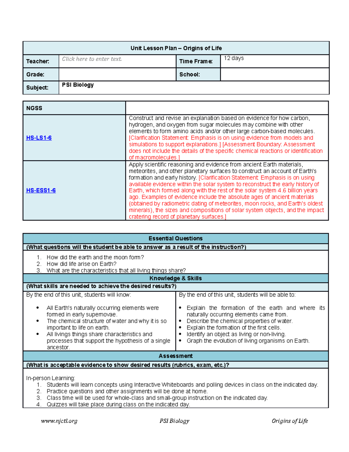 Bio origins-of-life-unit-plan 2020-09-20 - Unit Lesson Plan – Origins ...