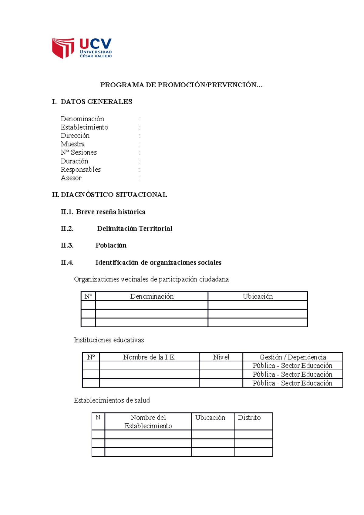 Esquema PLAN Promocional O Preventivo Primario - PROGRAMA DE PROMOCIÓN/PREVENCIÓN... I. DATOS ...
