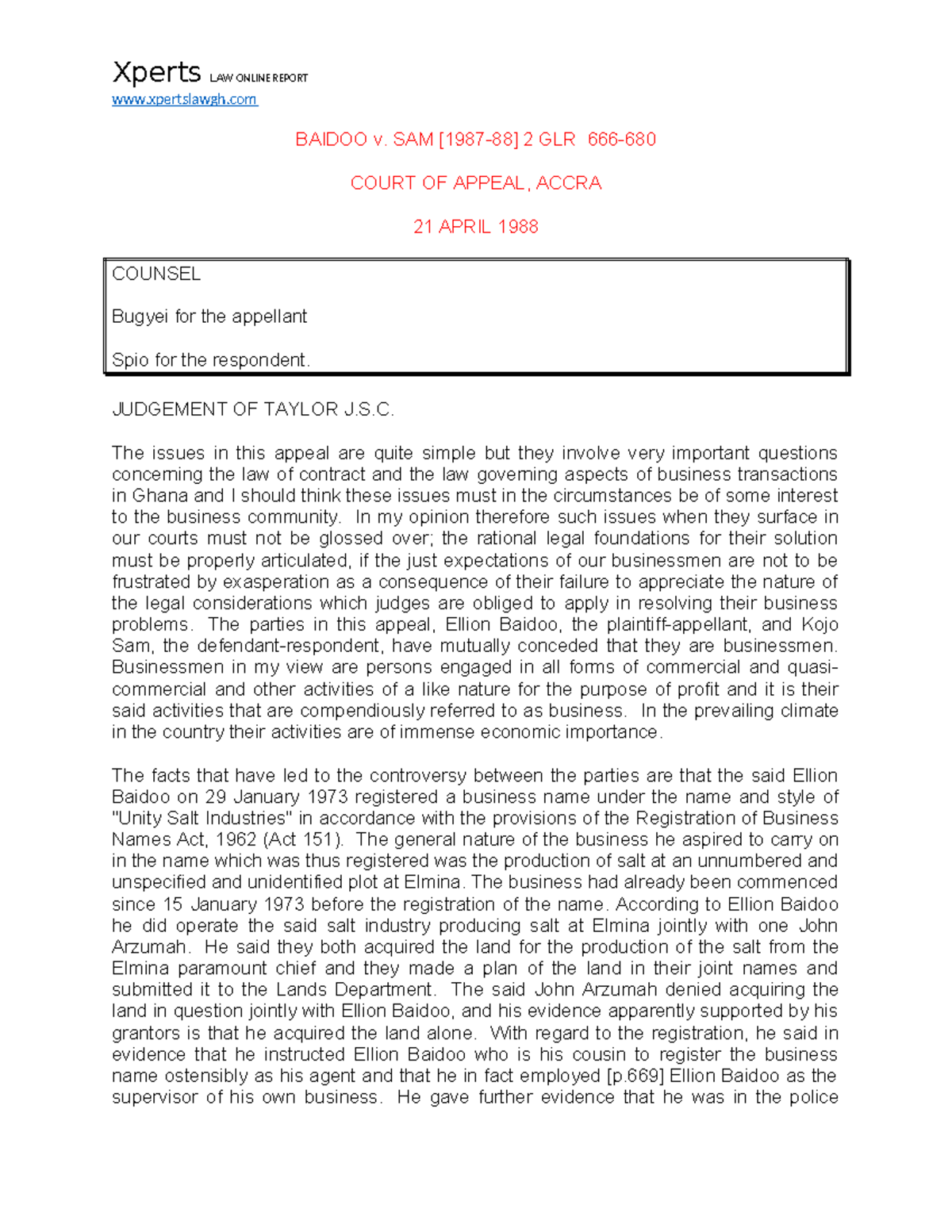 Baidoo v. SAM [1987-88] 2 GLR 666-680 - xpertslawgh BAIDOO v. SAM [1987 ...
