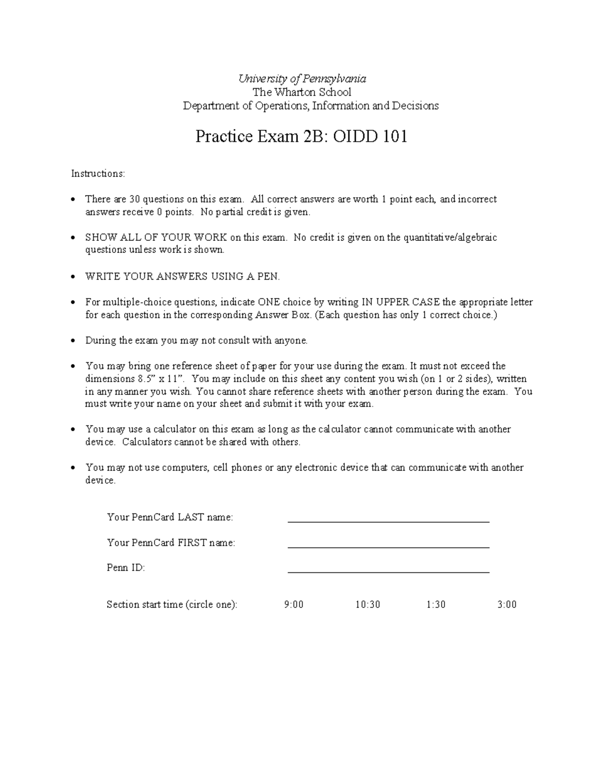 OIDD 101 Practice Exam 2B - University of Pennsylvania The Wharton ...