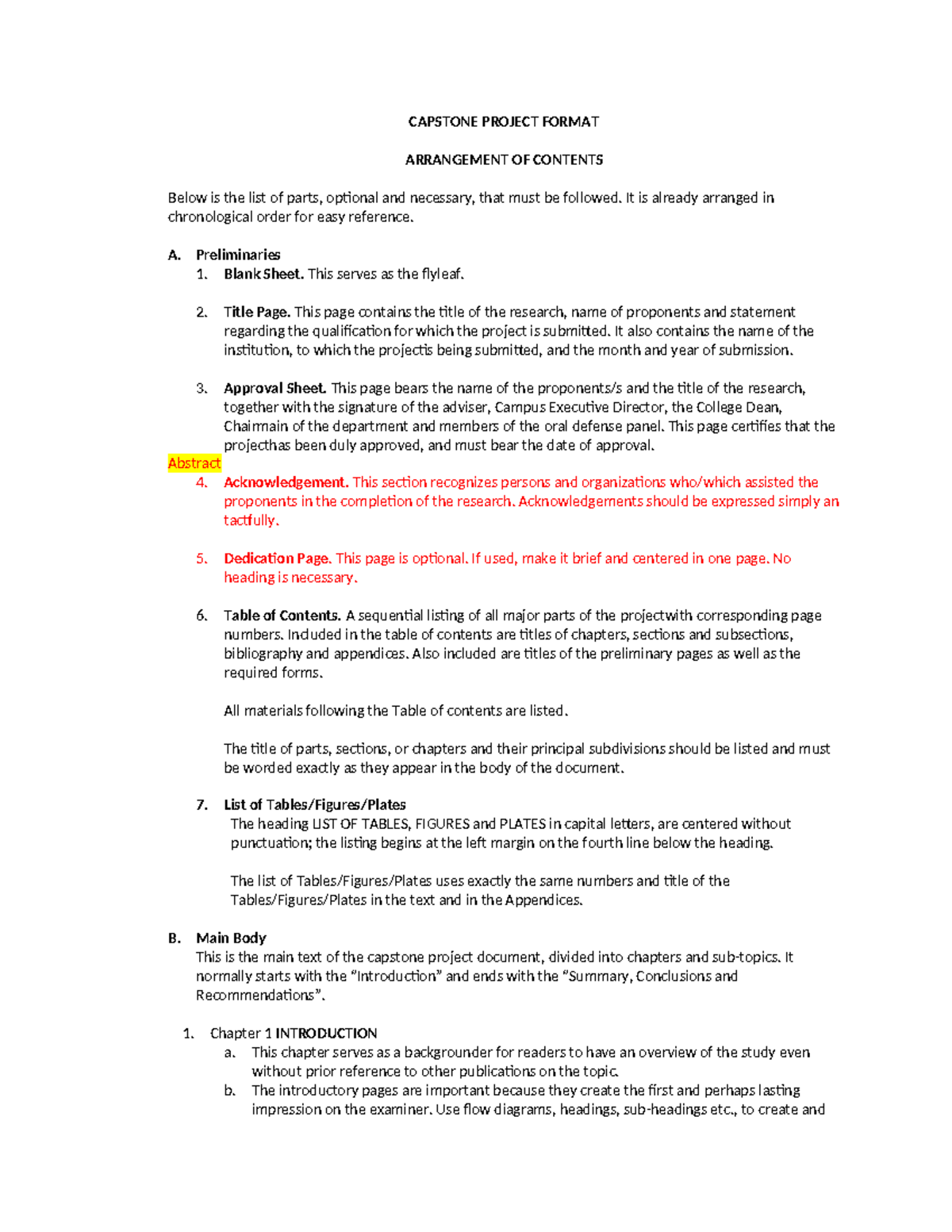 Capstone Format - CAPSTONE PROJECT FORMAT ARRANGEMENT OF CONTENTS Below ...